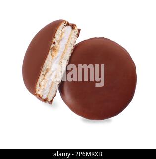 Delicious choco pies on white background. Classic snack cakes Stock ...