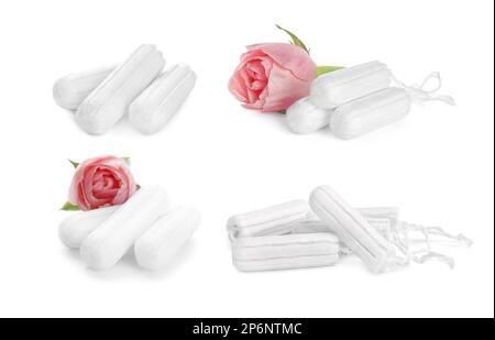 Set with tampons on white background. Menstrual hygiene product Stock ...