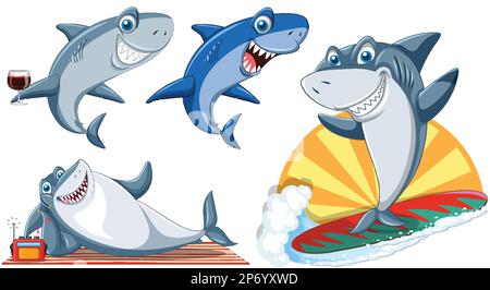 Shark Doing Different Activities Cartoon Characters illustration Stock ...