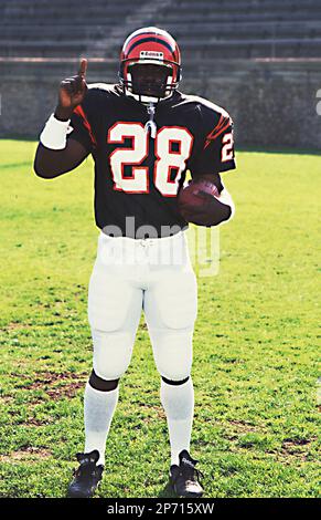 Marshall Faulk in a photo shoot for Classic Cards Cinncinnati Bengals a few weeks before the 1994 NFL Draft. Photos were taking a old Aztec Stadium in San Diego. AP Photo Kevin Reece