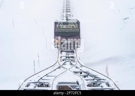 The newly re-opened Cairngorm Mountain Railway funicular carries skiers ...