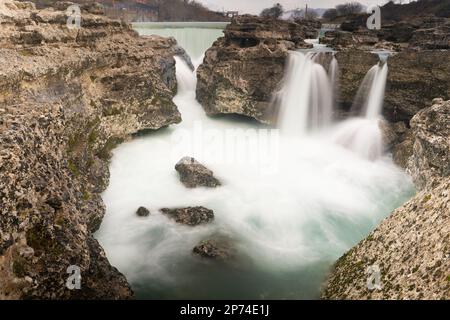 Spring Niagara waterfall in Montenegro with fast water stream and green ...
