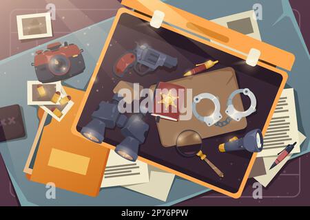 Detective workplace. Police officer equipment and spy tools exact ...