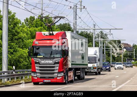 Pilot route for overhead line trucks, traffic on a federal highway, eWayBW is an 18-kilometre ...