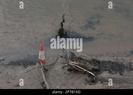 Rubbish sticking out of mud at low tide. Taw Estuary. Barnstaple, Devon ...