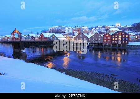 Twilight in Trondheim, spring snowfall, view of the Old Bridge ( den ...