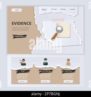 Detective flat landing page website template. Handcuffs, fingerprint ...