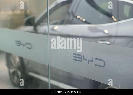BYD electric vehicle, a Chinese carmaker brand, driving at the BYD Hong ...
