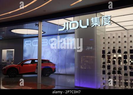 Shanghai,China-March 8th 2023: close up Jidu Auto car logo. A Chinese EV company owned by Baidu ...