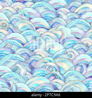Sea waves magic seamless pattern. Watercolor hand drawn blue teal ...