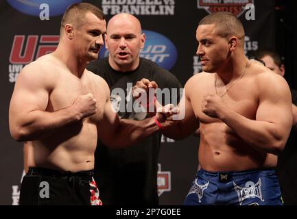 UFC fighters Mirko Cro Cop, left, and Roy Nelson in a fat suit, square ...