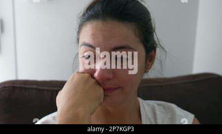 Sad woman taking a deep breath feeling anxious. Crying female person ...