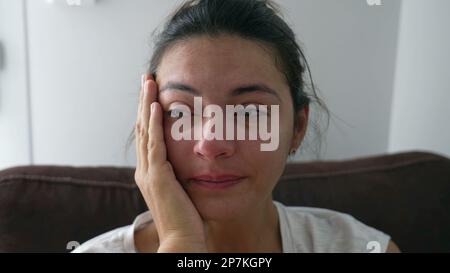 Sad woman taking a deep breath feeling anxious. Crying female person ...