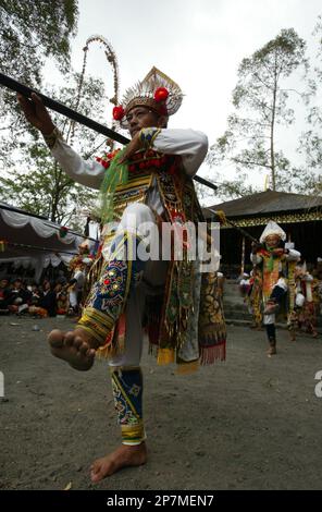 Balinese warrior dance performed on Kuningan day on the Indonesian ...