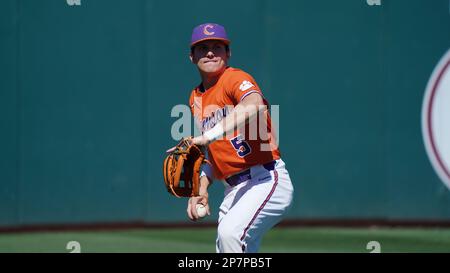 Clemson outfielder Gavin Abrams throws the ball before an NCAA baseball ...