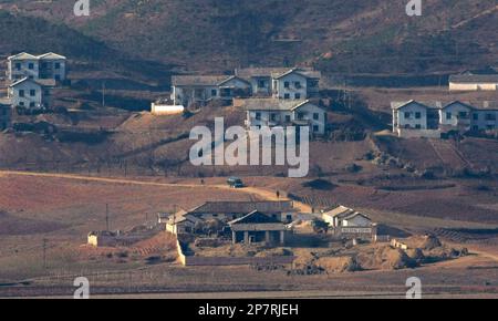 A village in North Korea's Kaepoong is seen from a unification ...