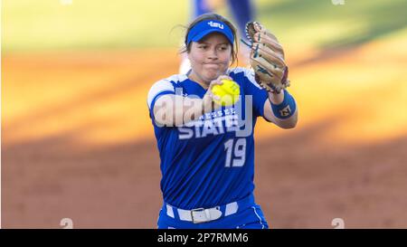 Tennessee State pitcher Caitlyn Manus throws against Louisiana during an NCAA softball game on ...