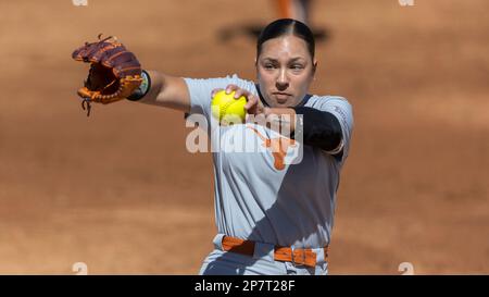 Texas pitcher Estelle Czech throws against McNeese during an NCAA softball game on Saturday ...
