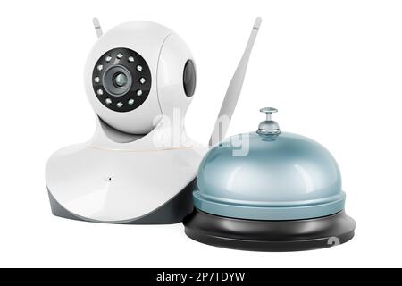 Security surveillance camera with reception bell. 3D rendering isolated ...