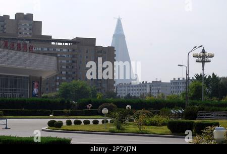 Construction of the pyramid-shaped Ryugyong hotel, Pyongan Province ...