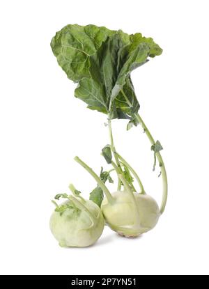 Whole ripe kohlrabies with leaves on white background Stock Photo - Alamy