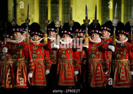 Yeoman Warders, also known as Beefeaters, in their new uniform for King ...