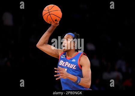 DePaul's Javan Johnson (1) looks to pass against Seton Hall's KC Ndefo ...