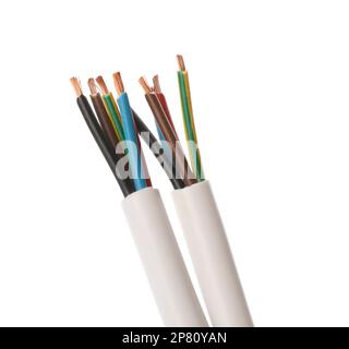 Cables with stripped wires on white background Stock Photo - Alamy