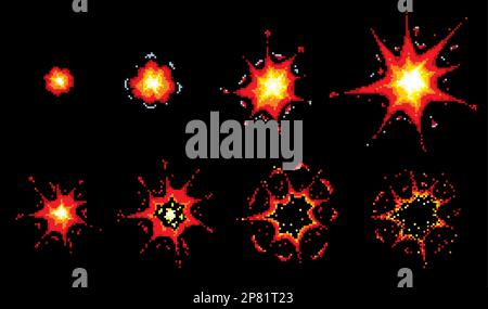 Pixel explosion and burst animation. 8 Bit boom, blast, bomb, flash ...
