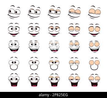 Cartoon face and blink eyes animation and giggle look emoji vector ...