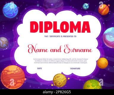 Kids diploma with galaxy space planets, vector award certificate ...