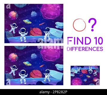 Find ten differences on space landscape with astronauts and galaxy ...