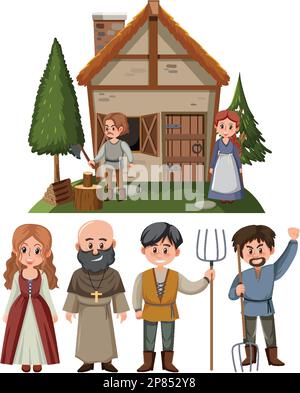 Set of medieval villager cartoon character illustration Stock Vector ...