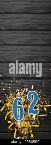 Vertical birthday card with number 62 candle - Green background with ...