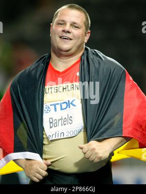 Germany's Ralf Bartels celebrates after taking the bronze medal in the ...
