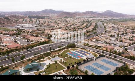 Aerial view of a sprawling neighborhood of family homes in Menifee ...