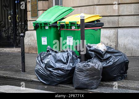 Illustration picture shows full bins on March 26, 2023 in Paris, France. A strike by waste ...