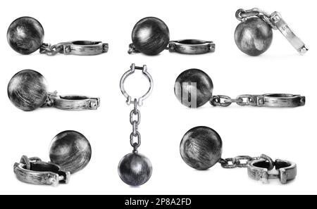 Set with metal balls and chains on white background, banner design ...