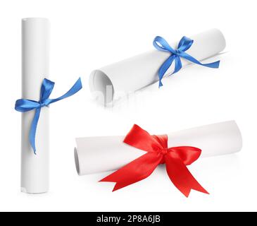 Rolled student's diplomas with blue and red ribbons on white background ...