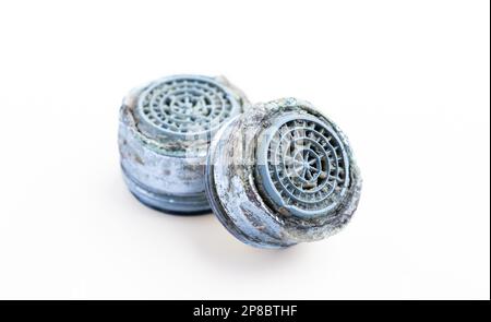 Dirty faucet aerator with limescale, calcified shower water tap with ...