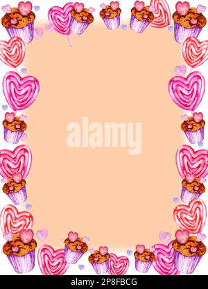 Watercolour frame with heart, muffin, candy, hand drawn sketch ...