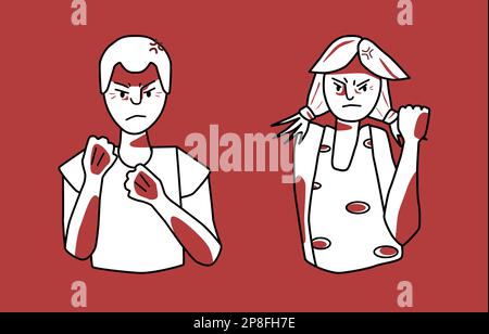 Young boy and girl with angry emotion circle icons, facial expression ...