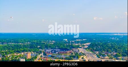 Aerial view of Center Parc Stadium and surrounding parking lots next to ...