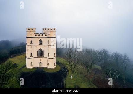 Misty morning over Haldon Belvedere from a drone, Lawrence Castle ...