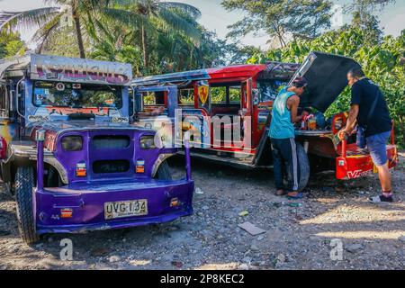 Mechanics fix the engine of a traditional jeepney. For decades ...