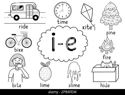 U-e digraph spelling rule black and white educational poster for kids with words Stock Vector ...