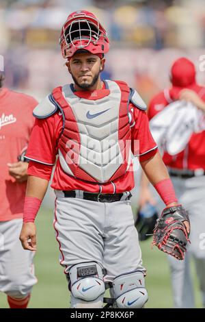 Washington Nationals catcher Keibert Ruiz, left, tags out Miami Marlins ...