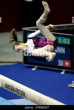 Switzerland's Yasmin Zimmermann performs on the balance beam, during ...