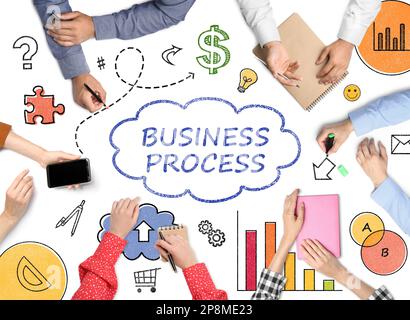 Discussing business process. People and different illustrations on ...