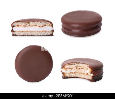 Set with tasty choco pies on white background. Banner design Stock ...